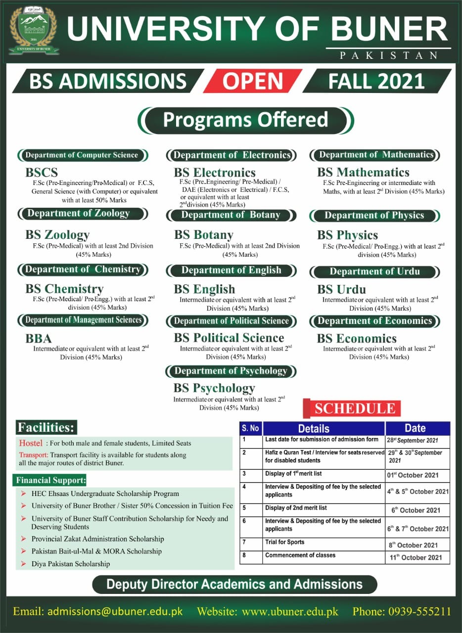 BS Admissions Open Fall 2021 | University of Buner